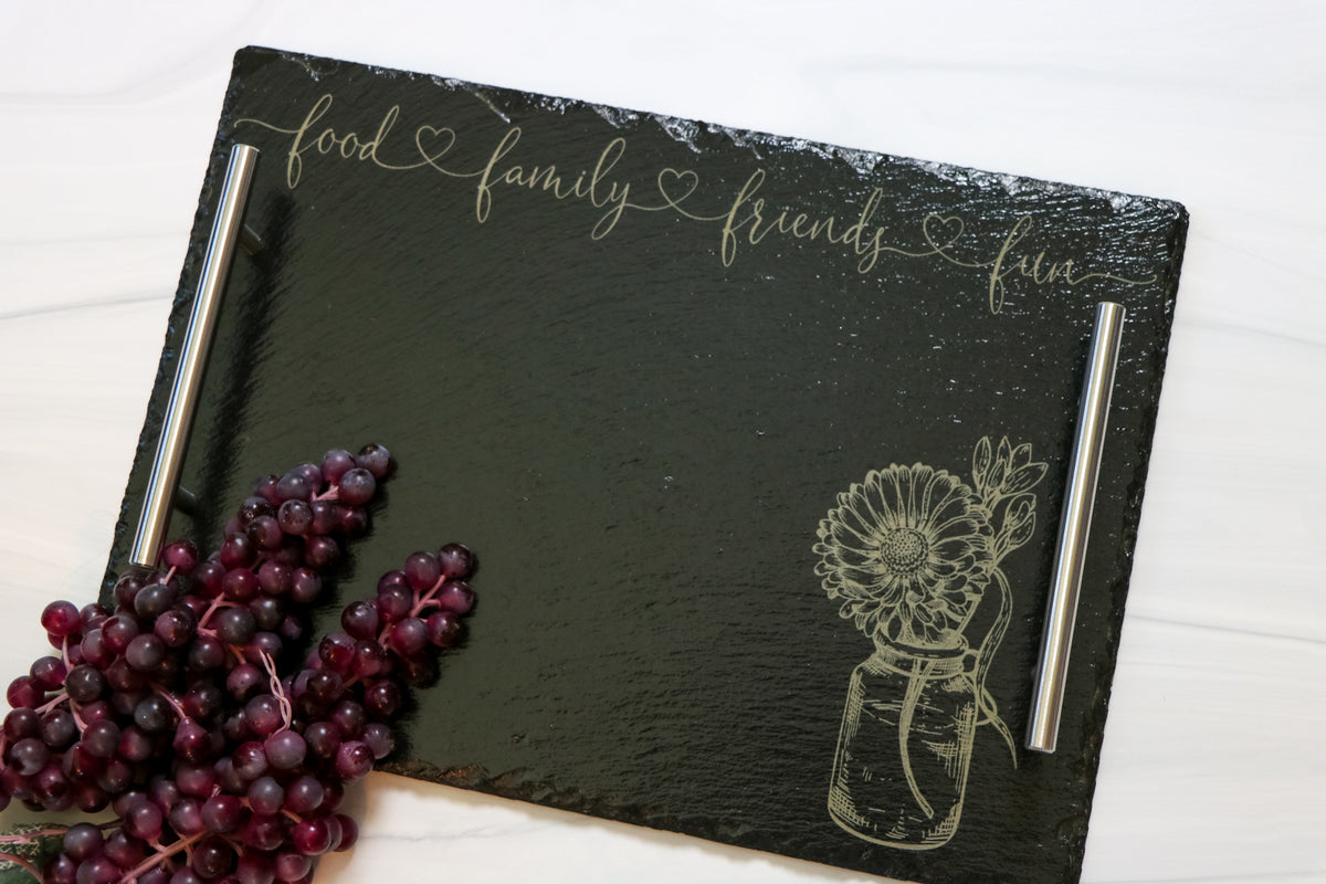 Engraved Slate Serving Tray | Food Family Friends Fun | Charcuterie Tr ...
